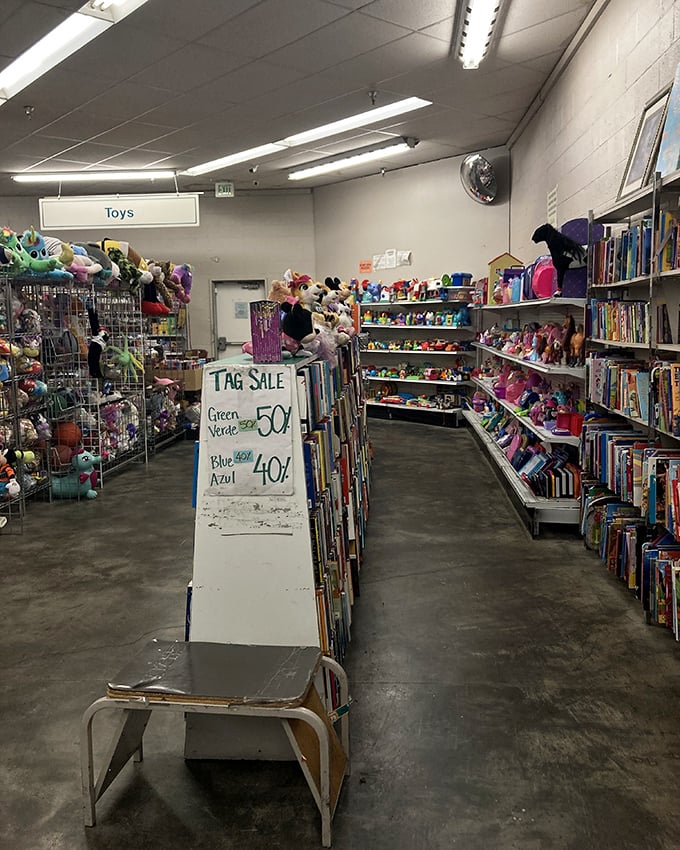 The toy section: where childhood memories and future garage sales collide. Note the bilingual tag sale sign&mdash;bargains transcend language barriers.