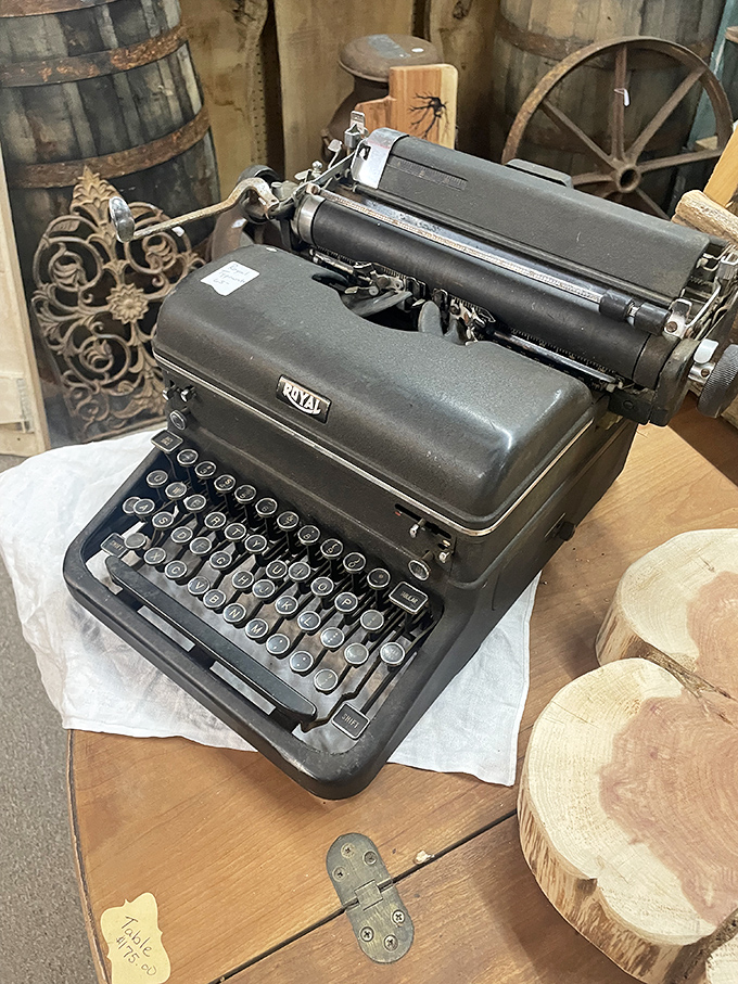 The Royal typewriter sits ready for its second act. Imagine the letters, novels, and angry first drafts that clacked through its keys in another lifetime.
