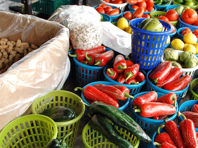 Nature's jewels arranged in blue baskets—those red peppers practically shout their freshness in a way no supermarket display ever could.