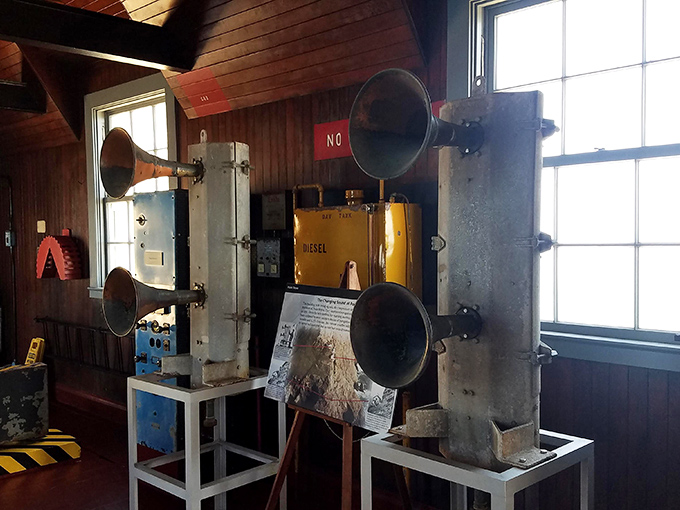 These vintage foghorns once bellowed warnings through the thickest marine layers, saving countless ships from the rocky fate below.