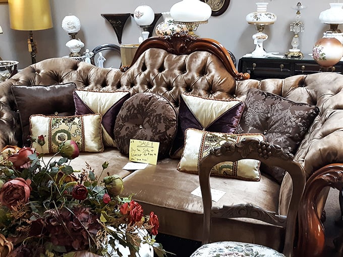 That tufted vintage sofa isn't just furniture; it's a time machine to an era when living rooms were for actual living.