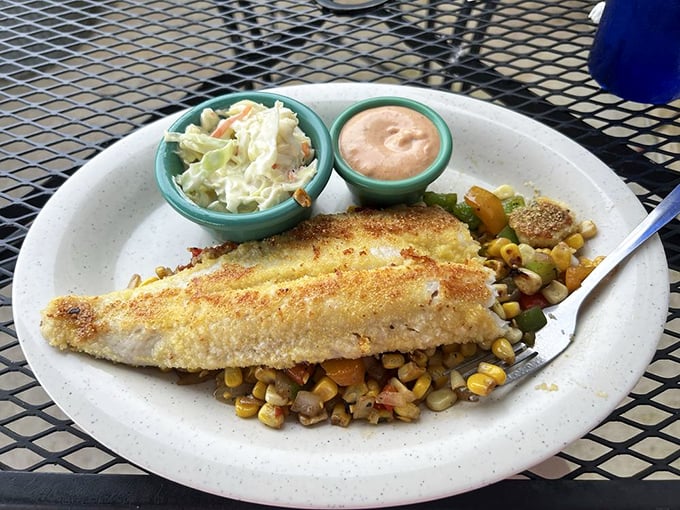 This cornmeal-crusted walleye isn't just fish&mdash;it's a Midwest handshake on a plate, served with vegetables that actually taste like vegetables.