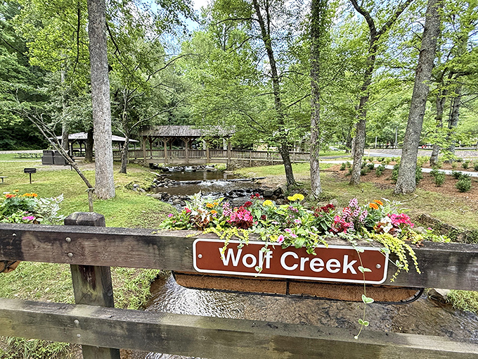 Wolf Creek's flower-adorned sign welcomes visitors to a babbling soundtrack that no meditation app could ever replicate.