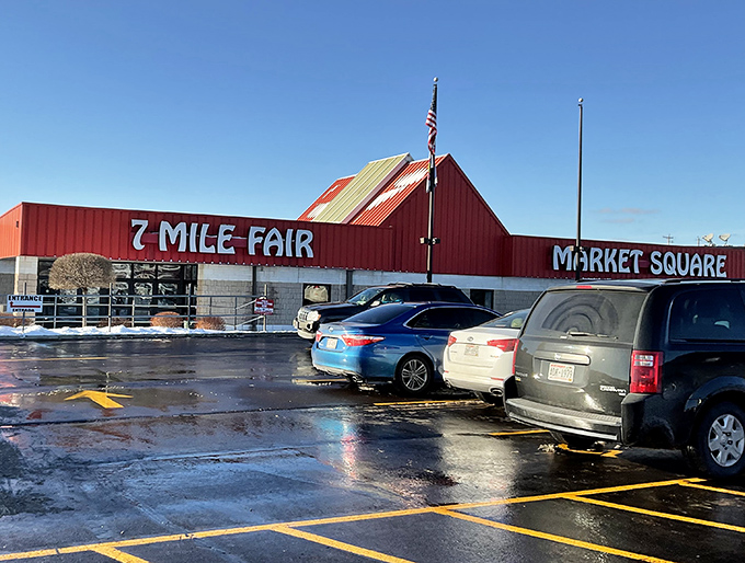 The iconic red building stands like a beacon for bargain hunters seeking indoor comfort and endless discoveries.