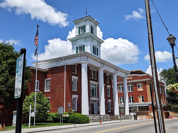 The historic white-columned courthouse in Abingdon stands tall like a community elder, watching over generations of affordable living.