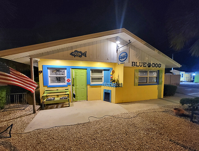 The Blue Dog's cheerful yellow building stands out in Matlacha like a happy ending to a long fishing story.