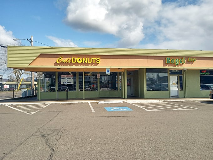 Cal's modest storefront hides Eugene's donut treasure. Sometimes the best treats come from the most unassuming places.