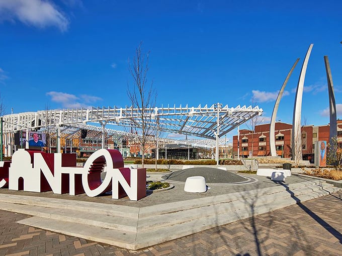 Canton's modern public space invites visitors to sit and stay awhile. Those giant letters aren't subtle, but neither is Ohio hospitality!