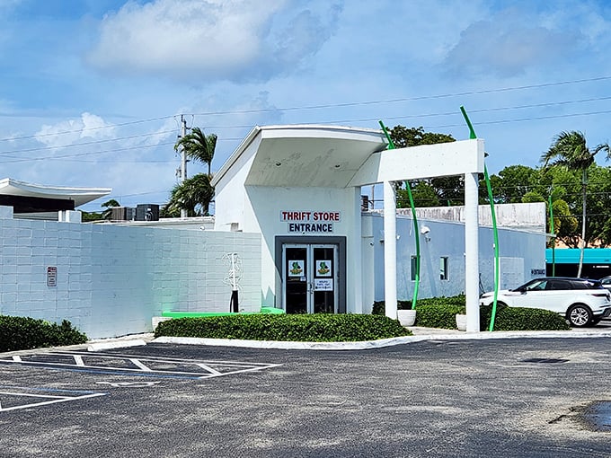 This sleek, modern entrance could easily be mistaken for an art gallery rather than a treasure-filled thrift store.