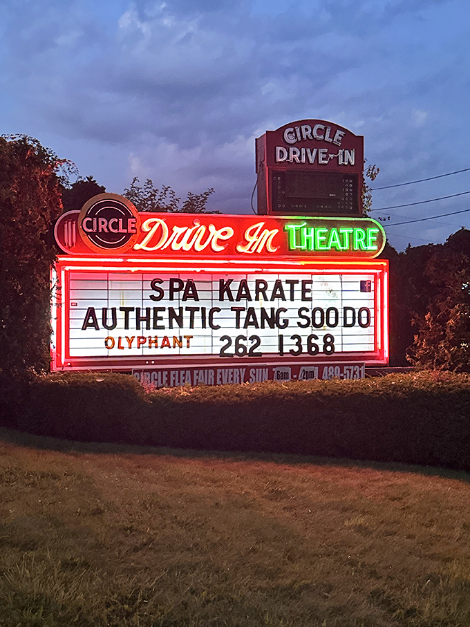 That neon glow! Circle Drive-In's vintage sign promises more than movies&mdash;it's a portal to simpler, starlit evenings.