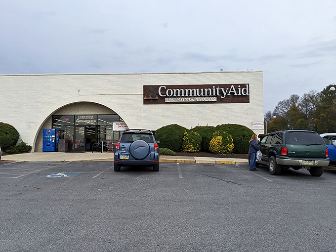CommunityAid's simple exterior hides a warehouse of wonders inside. That curved entrance archway invites you into a thrifter's paradise.