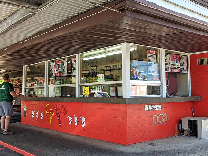 Corky's cheerful red facade practically bounces with the energy of a thousand satisfied customers' memories.