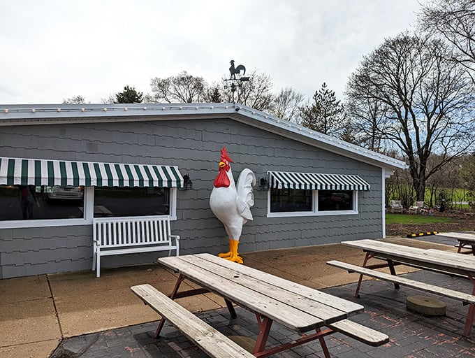 Crandall's playful exterior hints at the fun inside. That giant rooster isn't just decoration &ndash; it's a promise of poultry perfection.