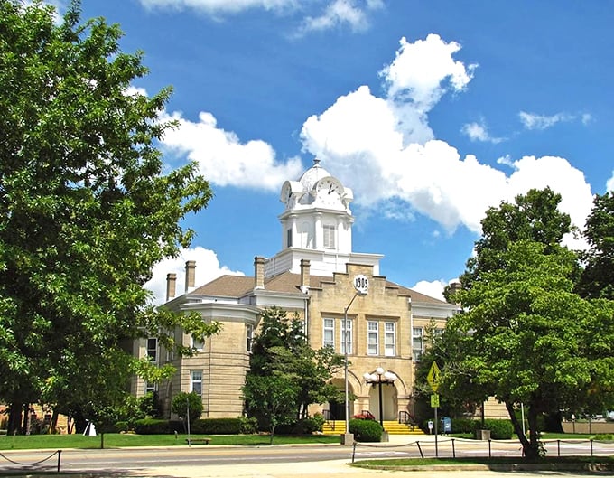 Crossville's historic courthouse stands proudly under blue skies, a testament to small-town governance and architectural beauty.