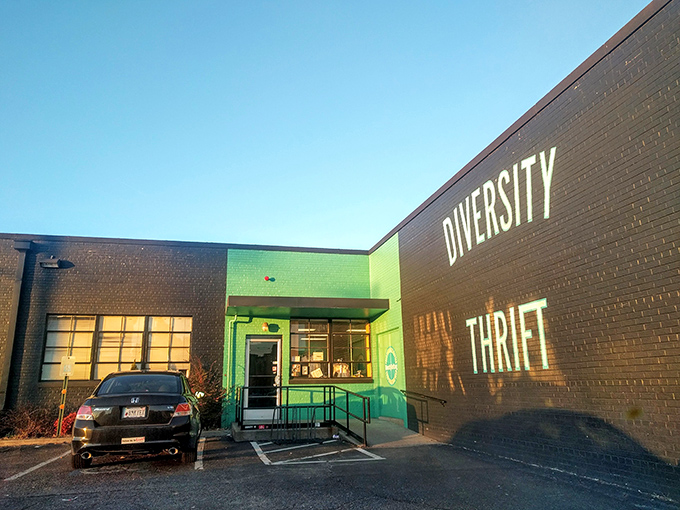 Diversity Thrift's bold black exterior with pop of green entrance makes a statement: "Ordinary thrifting? Not on our watch!"