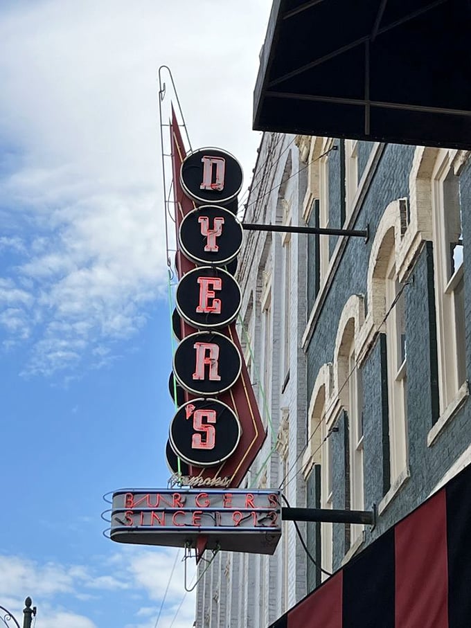 Dyer's vertical neon sign has been guiding hungry souls through Memphis nights for generations. Like a burger lighthouse on Beale Street's sea of music.