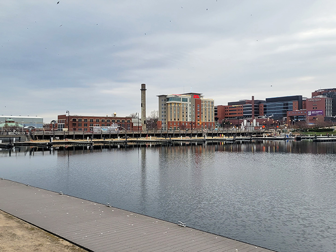 Erie's waterfront reflects the city back at itself, creating a perfect mirror image. Water and buildings in perfect harmony!
