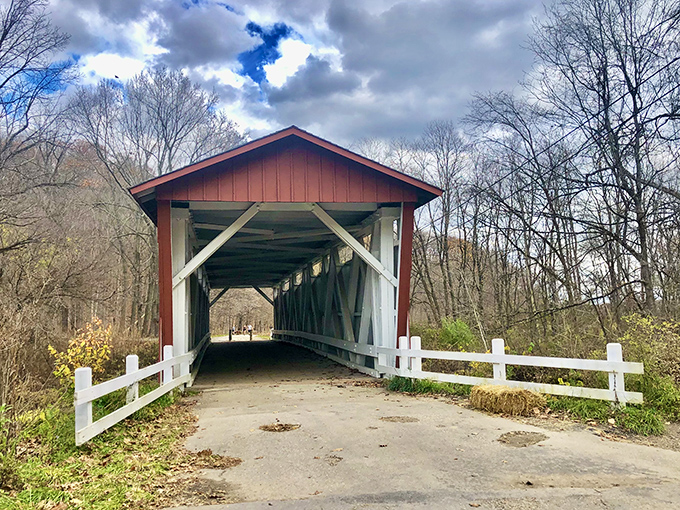 Red and white charm in Cuyahoga Valley—like finding a Norman Rockwell painting you can actually walk through.