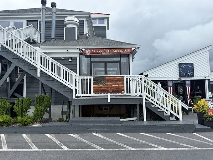 Harris Crab House stands sentinel over Kent Narrows waters. That staircase leads to crab nirvana&mdash;no meditation required.