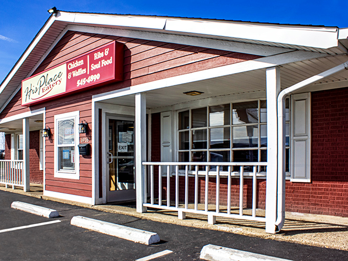 His Place Eatery's barn-red building announces its soul food credentials loud and clear. That "For the Soul" mural isn't just decoration&mdash;it's truth in advertising.