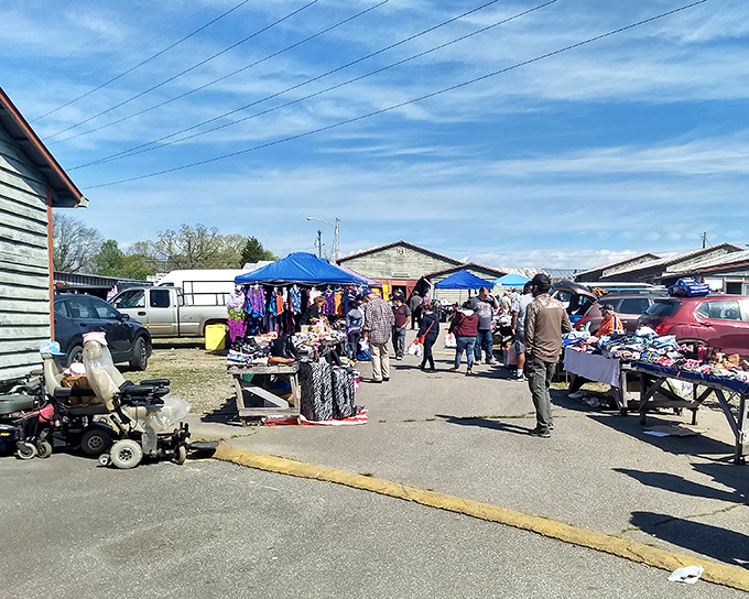 Jamestown's blue buildings create a village of values. Like a small town dedicated entirely to the art of the deal.