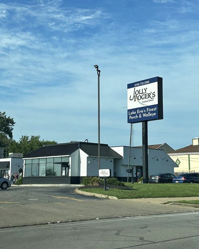 Jolly Roger's unassuming white building has been luring in Lake Erie perch lovers for generations—no fancy frills required.