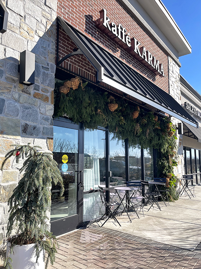 Kaffe Karma's stone and brick exterior feels substantial&mdash;much like the coffee experience waiting for you inside.