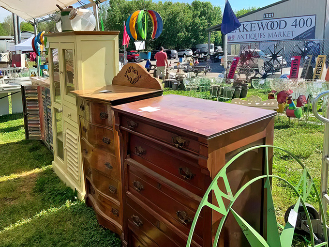 Antique dressers basking in sunshine at Lakewood 400&mdash;furniture with stories to tell, just waiting for the next chapter in your home.