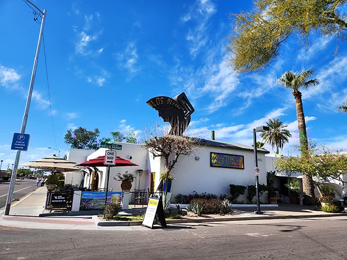 Los Olivos' charming white exterior and palm trees create that perfect Scottsdale vibe. Vacation feels, even if you're just out for lunch!