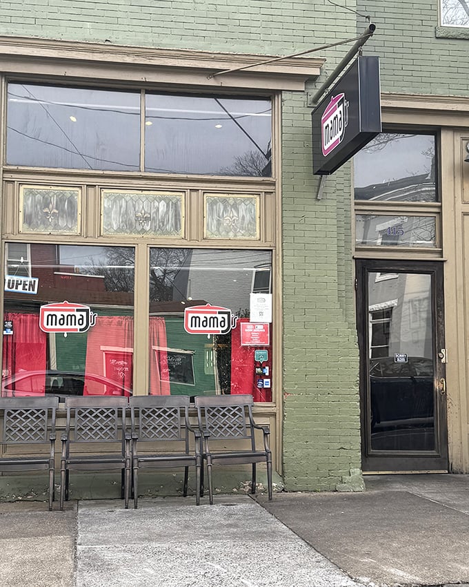 That mint green brick building isn't trying to show off—the soul food inside does all the talking.