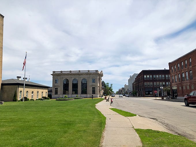 Menominee's main street corner building stands like a Victorian gentleman tipping his hat to modern visitors.