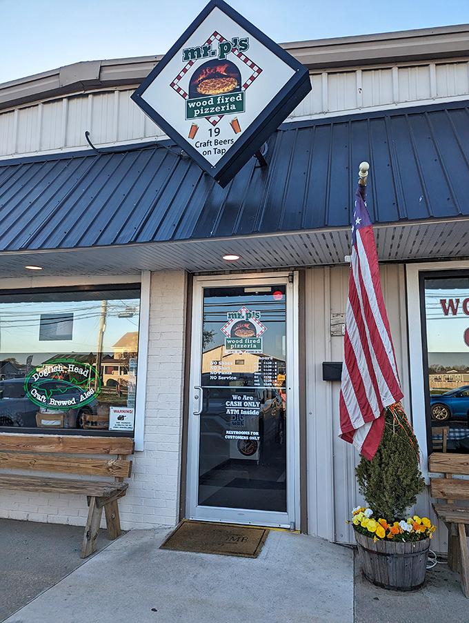 Mr. P's diamond sign and rustic exterior hint at the wood-fired magic happening inside. That American flag adds a touch of local pride.
