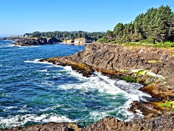 Newport: Emerald headlands cradle a perfect crescent beach. Mother Nature showing off again with that impossible blue-green water.