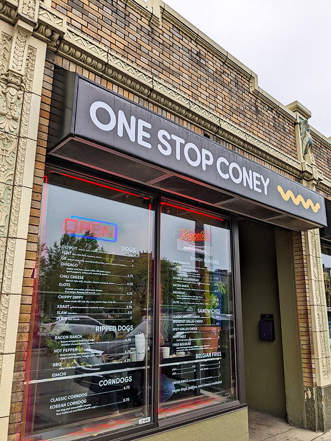 Modern meets tradition at One Stop, where the menu in the window promises coney adventures for every palate.