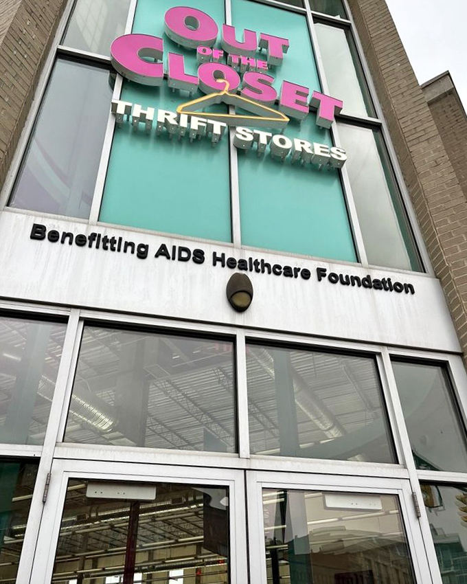 Out of the Closet's eye-catching turquoise and pink signage makes a bold statement in Columbus' vibrant Short North.