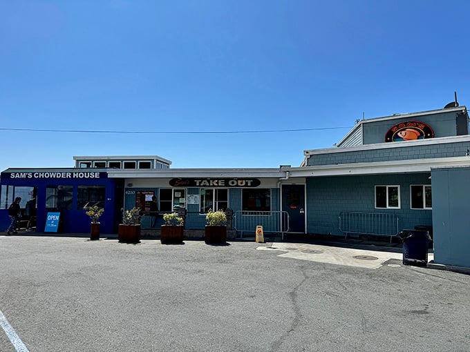 Sam's Chowder House's blue exterior blends perfectly with the Half Moon Bay sky. Ocean views and chowder &ndash; a match made in California heaven!