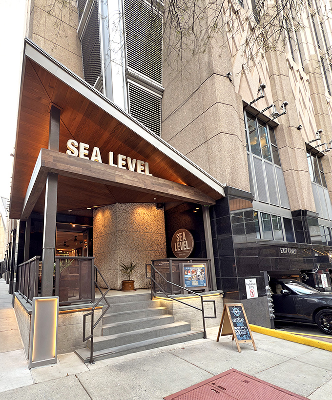 Sea Level brings urban sophistication to coastal cuisine. Those stone steps lead to oyster paradise in downtown Charlotte!
