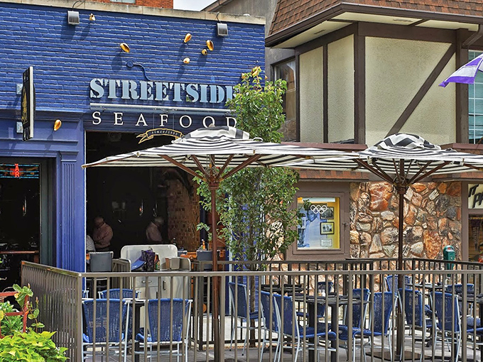 Streetside's deep blue storefront and cozy patio &ndash; Birmingham's answer to a Mediterranean seaside cafe.