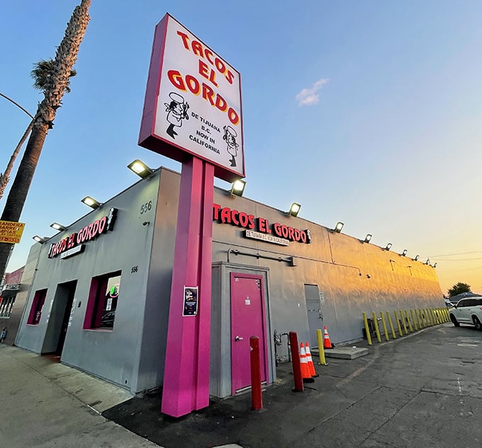 Tacos El Gordo's unmistakable pink signage stands out like a neon beacon for Tijuana-style taco perfection. You can't miss it&mdash;and you shouldn't!