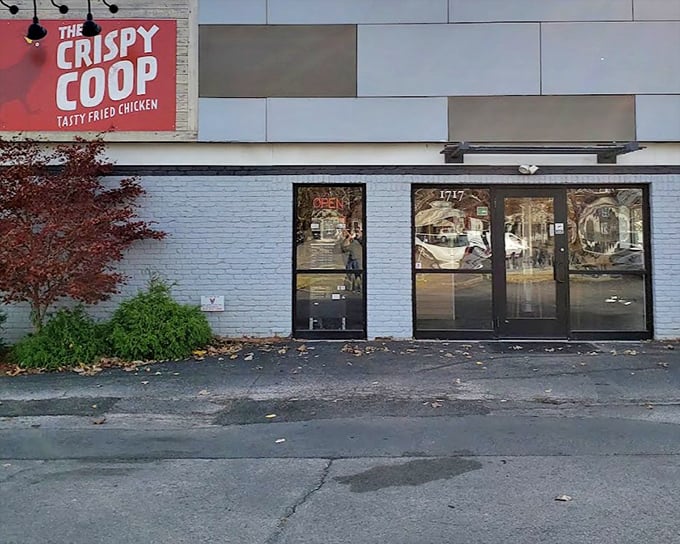 The Crispy Coop's modern storefront hints at the fresh take on fried chicken waiting inside. Farm-to-table never looked so tempting!