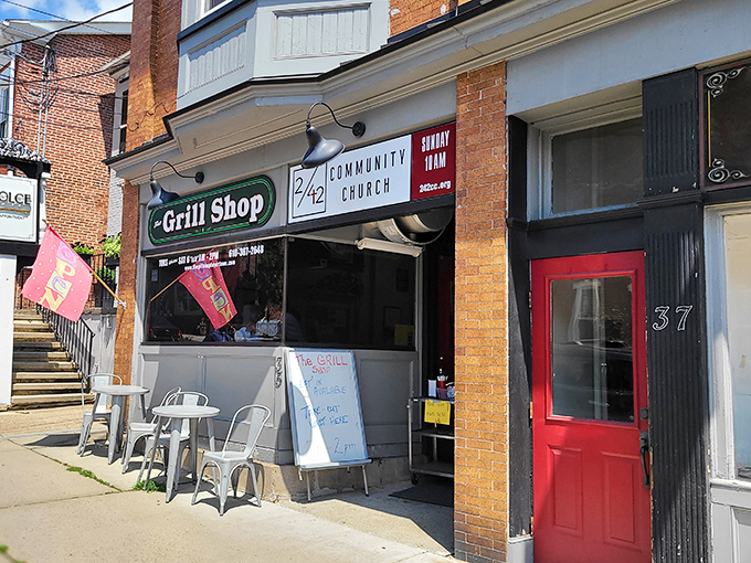 The Grill Shop's unassuming storefront might be easy to miss, but those metal chairs out front are saving you a spot for lunch greatness.