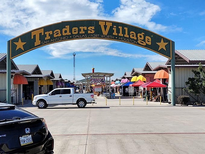 Grand entrance to bargain heaven! This Texas-sized archway promises adventures in shopping beyond.
