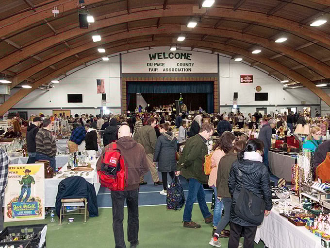 "WELCOME DU PAGE COUNTY FAIR ASSOCIATION" greets night owls hunting treasures by flashlight, like an after-hours museum where you can touch everything.
