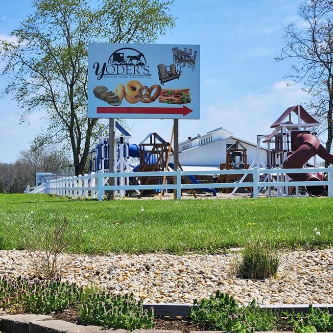 That playful sign with donuts and sandwiches is Yoder's way of saying "Yes, we make both, and yes, they're amazing!"
