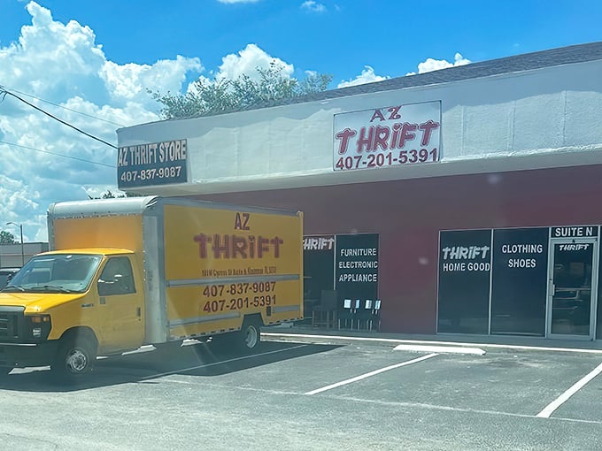 That yellow delivery truck means fresh inventory is arriving! Like Christmas morning for thrift enthusiasts.