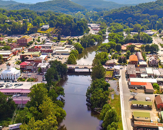 Downtown Bryson City sits nestled between mountains that make your 401k worries seem suddenly very small.