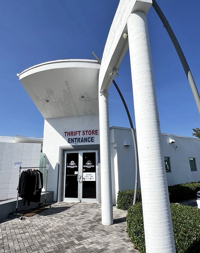 The futuristic design and pristine white columns make this the James Bond of thrift stores&mdash;stylish and full of surprises.