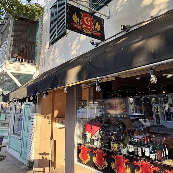The stained glass windows at Clemente's filter Florida sunshine into rainbow-colored pizza magic. Art and appetite unite.