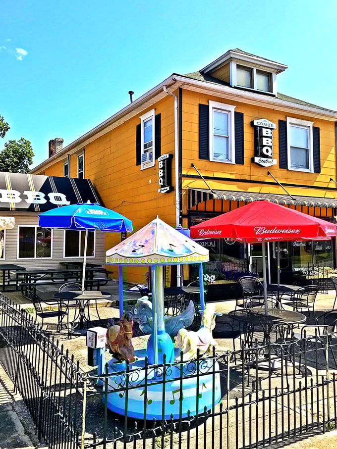 The little carousel adds a touch of whimsy to Combs' outdoor dining area &ndash; because great barbecue should always be fun.