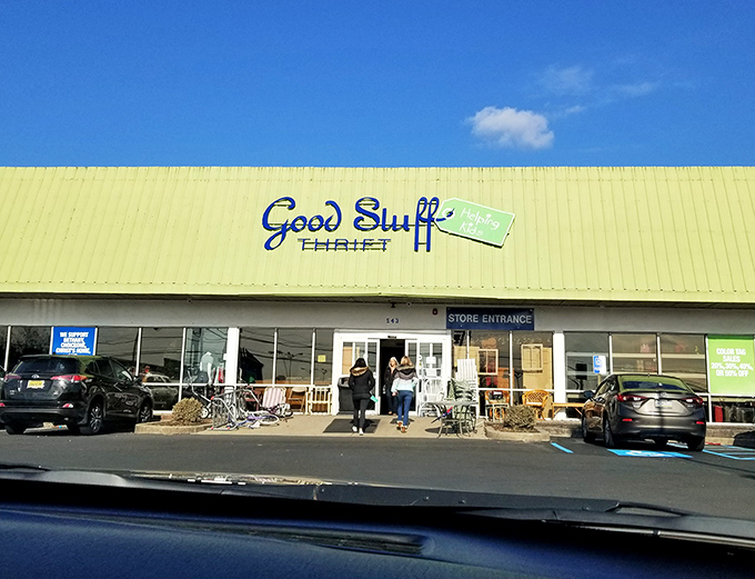 Bright blue skies complement Good Stuff's vibrant storefront. Where secondhand shopping feels more boutique than bargain basement.